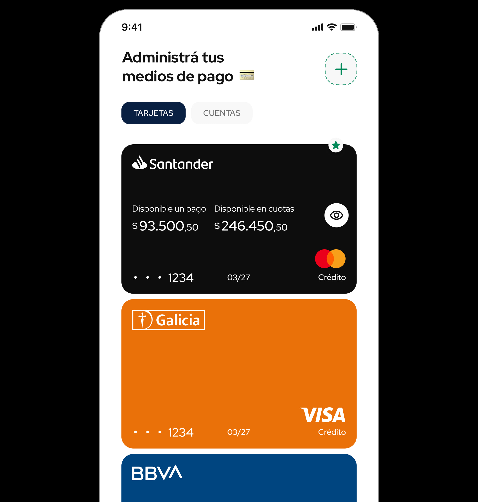 Billetera de MODO con sus tarjetas y cuentas bancarias